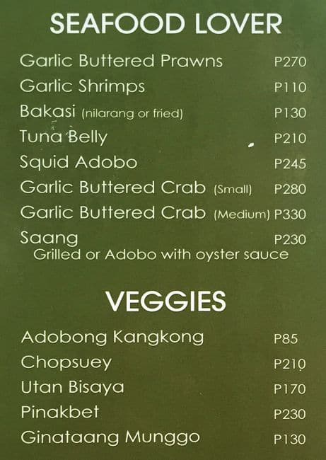 Menu at Lantaw Busay restaurant, Cebu City
