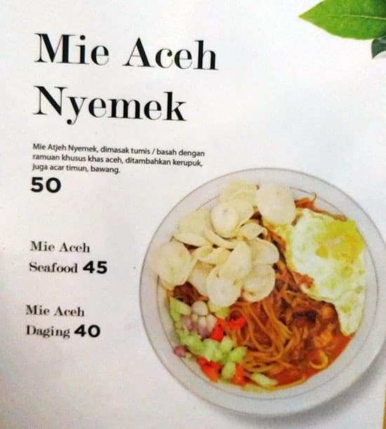 Menu at The Atjeh Connection Sabang cafe, Jakarta