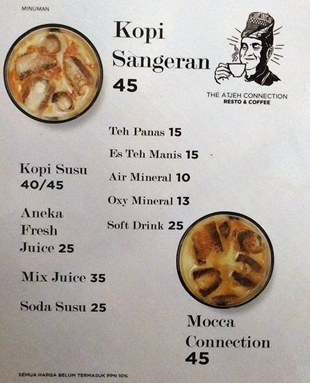 Menu at The Atjeh Connection Sabang cafe, Jakarta