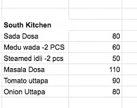 Menu of South Kitchen, Kalyani Nagar, Pune