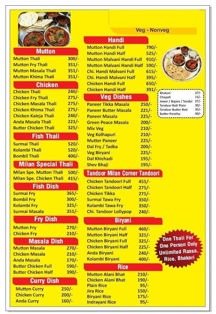 Menu of Milan Veg - Non Veg, Sadashiv Peth, Pune