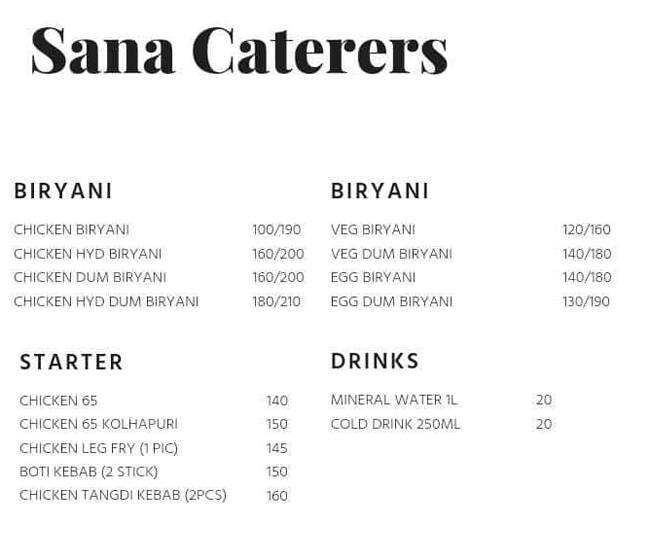 Menu of Sana Caterers, Ravet, Pune