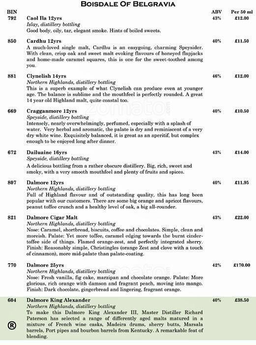 Menu at Boisdale of Belgravia restaurant, London