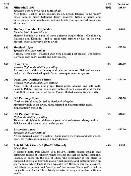 Menu at Boisdale of Belgravia restaurant, London