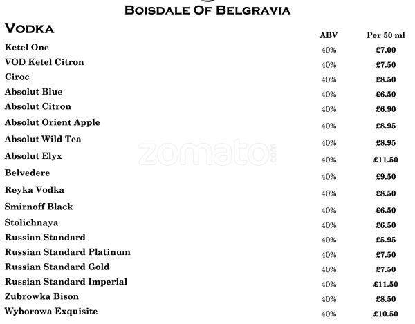 Menu at Boisdale of Belgravia restaurant, London