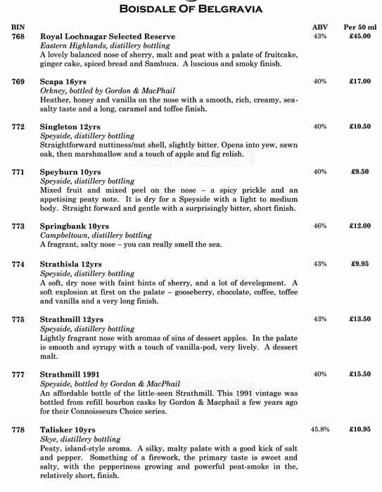 Menu at Boisdale of Belgravia restaurant, London