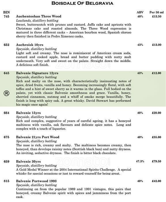 Menu at Boisdale of Belgravia restaurant, London