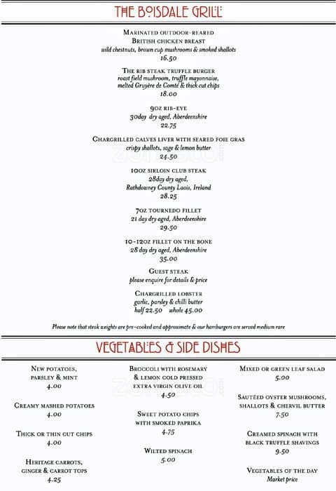 Menu at Boisdale of Belgravia restaurant, London