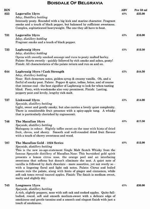 Menu at Boisdale of Belgravia restaurant, London