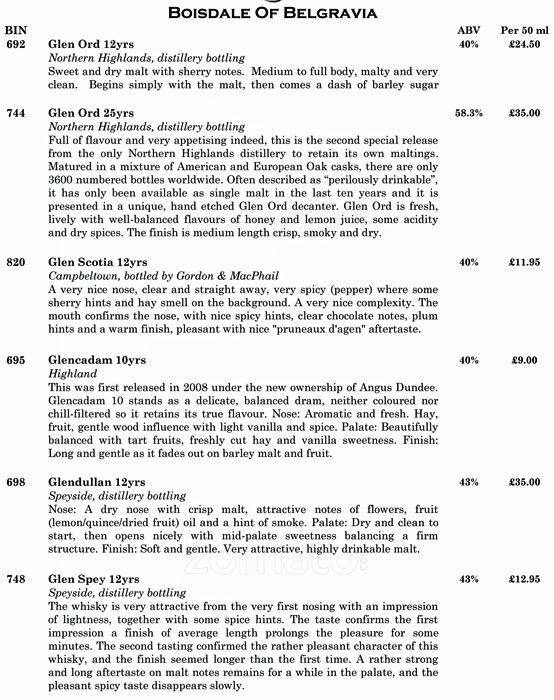 Menu at Boisdale of Belgravia restaurant, London