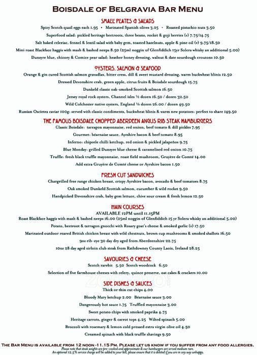 Menu at Boisdale of Belgravia restaurant, London