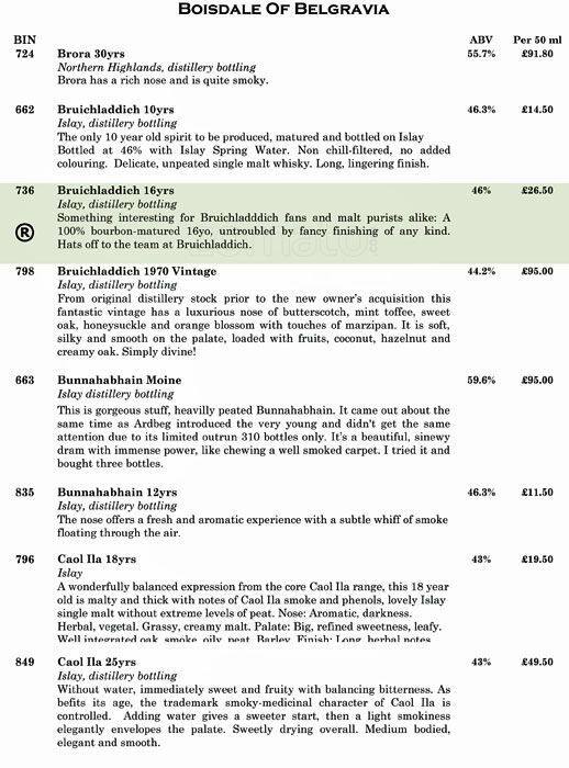 Menu at Boisdale of Belgravia restaurant, London