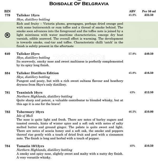 Menu at Boisdale of Belgravia restaurant, London