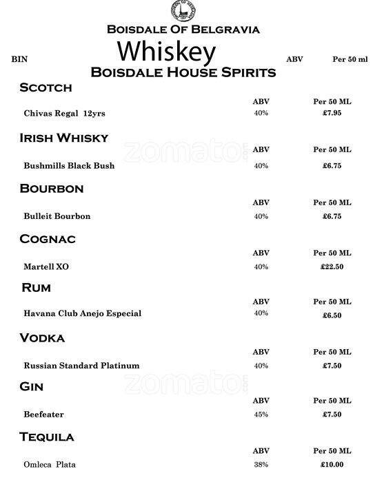 Menu at Boisdale of Belgravia restaurant, London