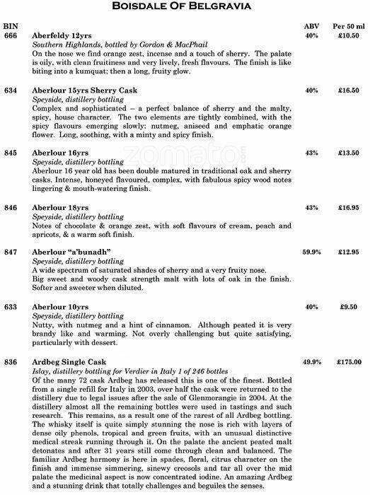 Menu at Boisdale of Belgravia restaurant, London