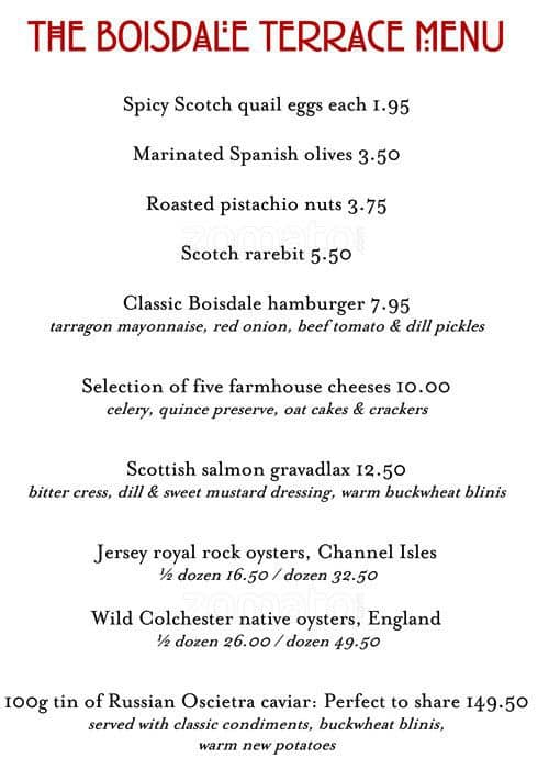 Menu at Boisdale of Belgravia restaurant, London
