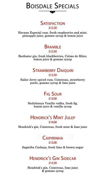 Menu at Boisdale of Belgravia restaurant, London