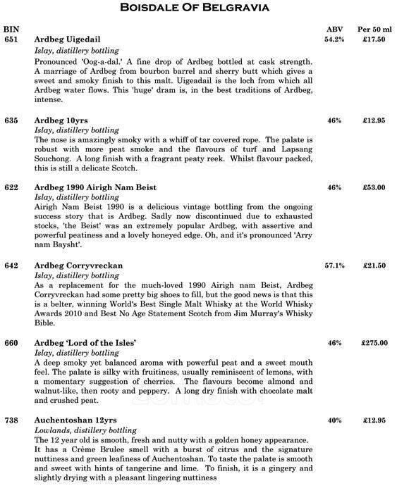 Menu at Boisdale of Belgravia restaurant, London