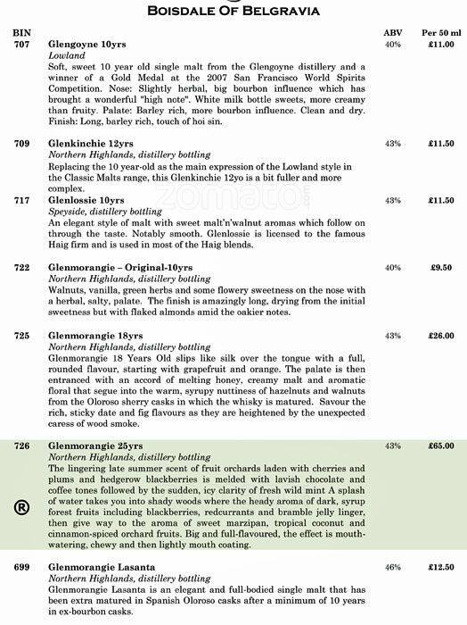 Menu at Boisdale of Belgravia restaurant, London