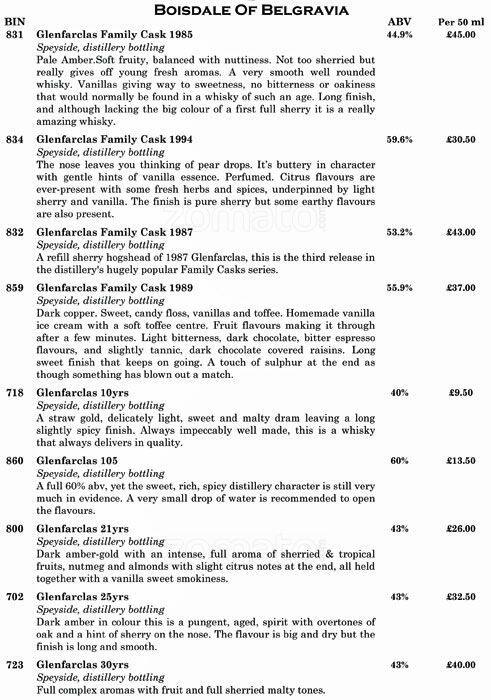 Menu at Boisdale of Belgravia restaurant, London