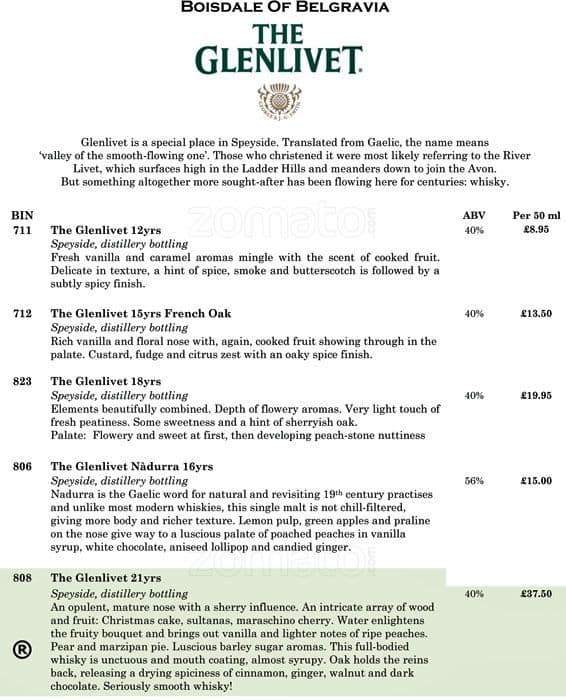 Menu at Boisdale of Belgravia restaurant, London