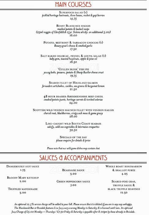 Menu at Boisdale of Belgravia restaurant, London