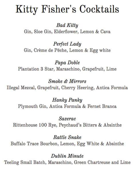 Menu at Kitty Fisher's Mayfair restaurant, London