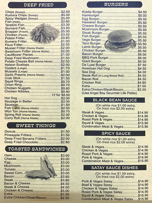 Menu at Blue Chip Takeaways restaurant, Kumeu