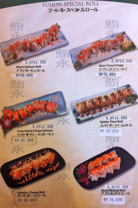Menu at Sushi Naga restaurant, South Tangerang, Jalan Letnan Sutopo