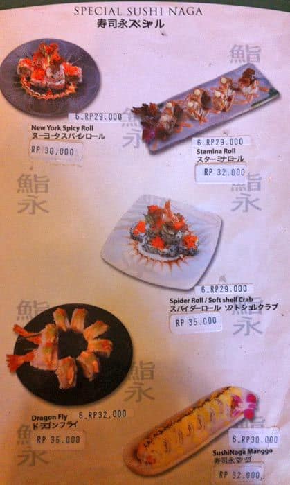 Menu at Sushi Naga restaurant, South Tangerang, Jalan Letnan Sutopo