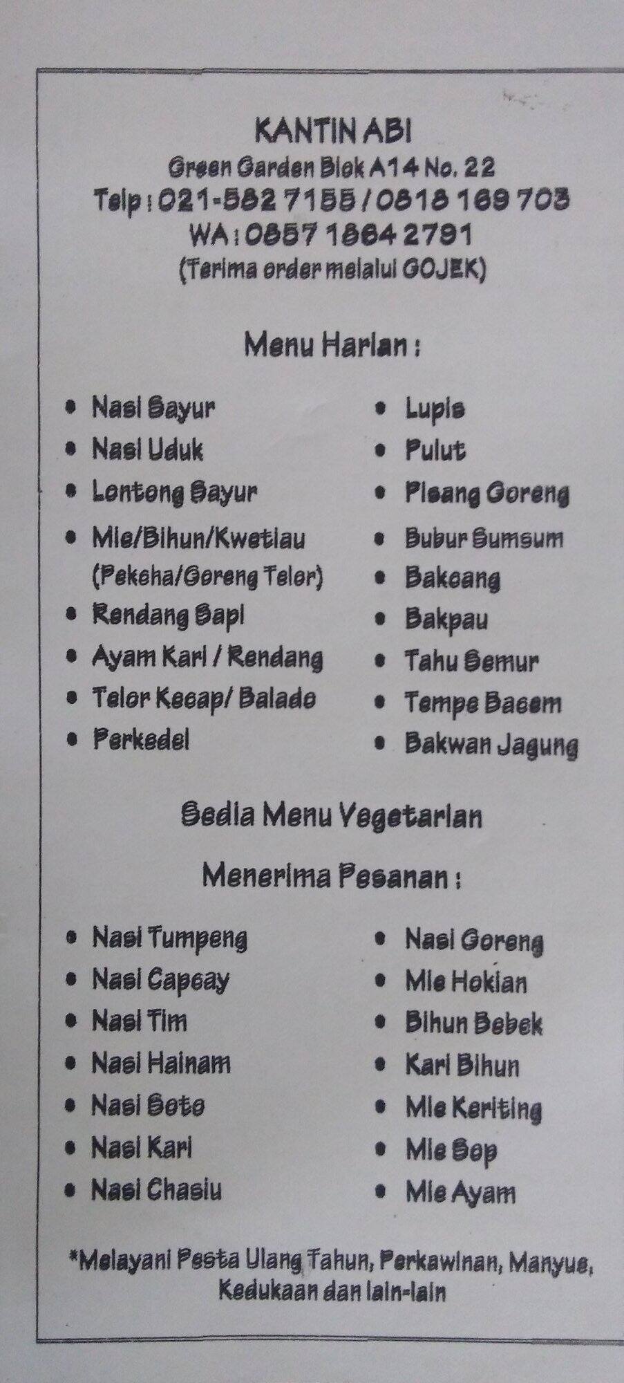 Carta del restaurante Kantin ABI, West Jakarta