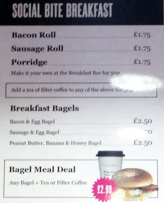 Menu at Social Bite cafe, Glasgow, 103 St Vincent St
