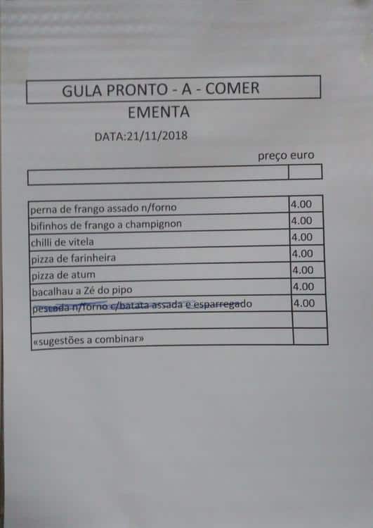 Menu em Gula-pronto-a-comer restaurante, Lisboa