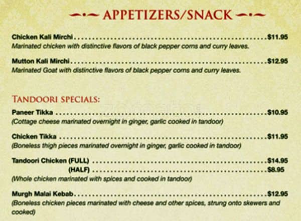 Menu at Alankrita restaurant, Hoppers Crossing