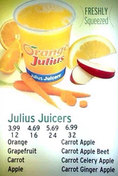 Menu at Orange Julius restaurant, Burnaby, Austin Ave