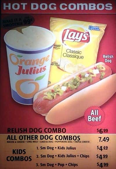 Menu at Orange Julius restaurant, Burnaby, Austin Ave