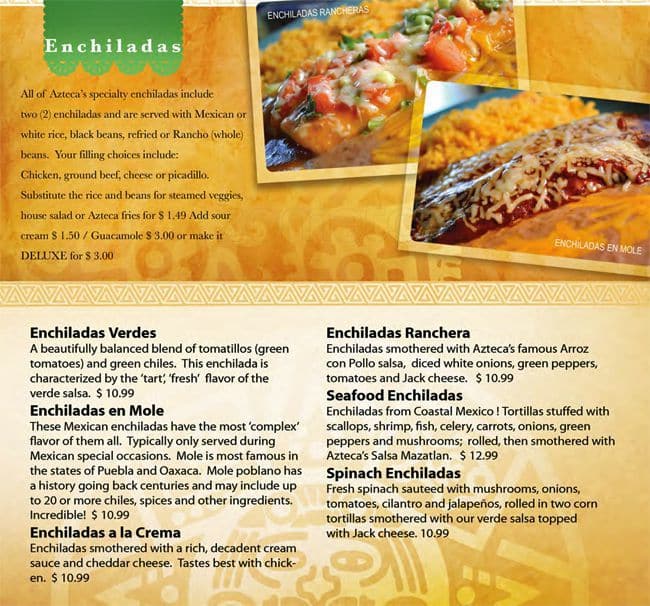 Menu at Azteca restaurant, Bremerton
