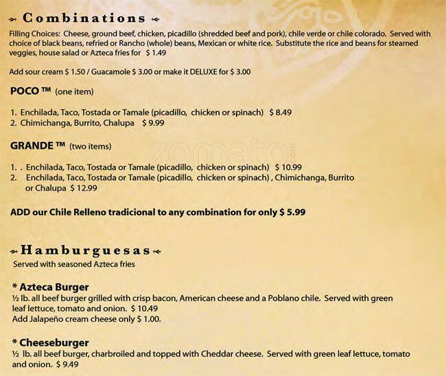 Menu at Azteca restaurant, Bremerton