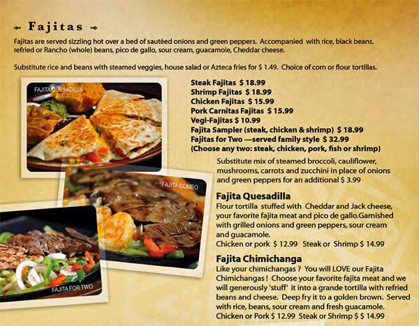 Menu at Azteca restaurant, Bremerton
