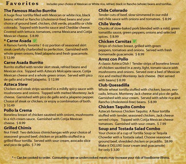Menu at Azteca Mexican Restaurant, Tukwila
