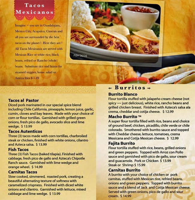 Menu at Azteca restaurant, Bremerton