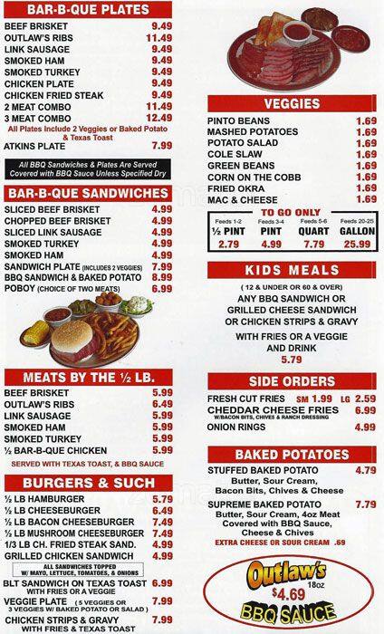 Menu at Outlaw's Barbeque, Grand Prairie