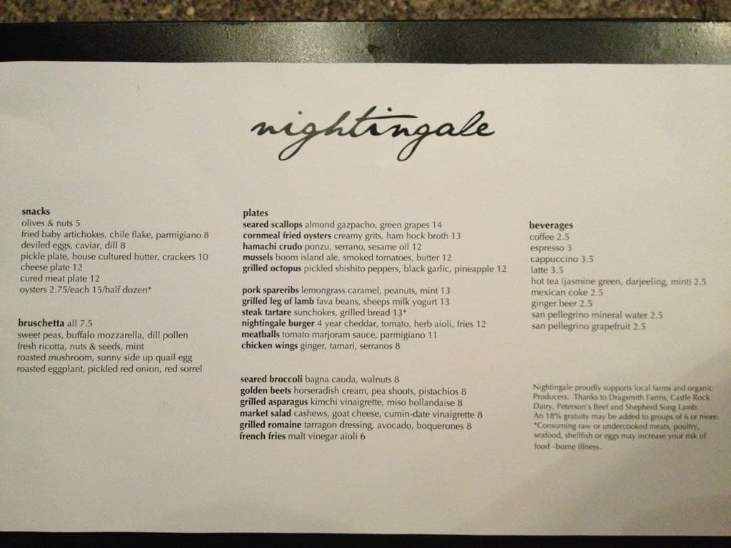 Menu at Nightingale restaurant, Minneapolis