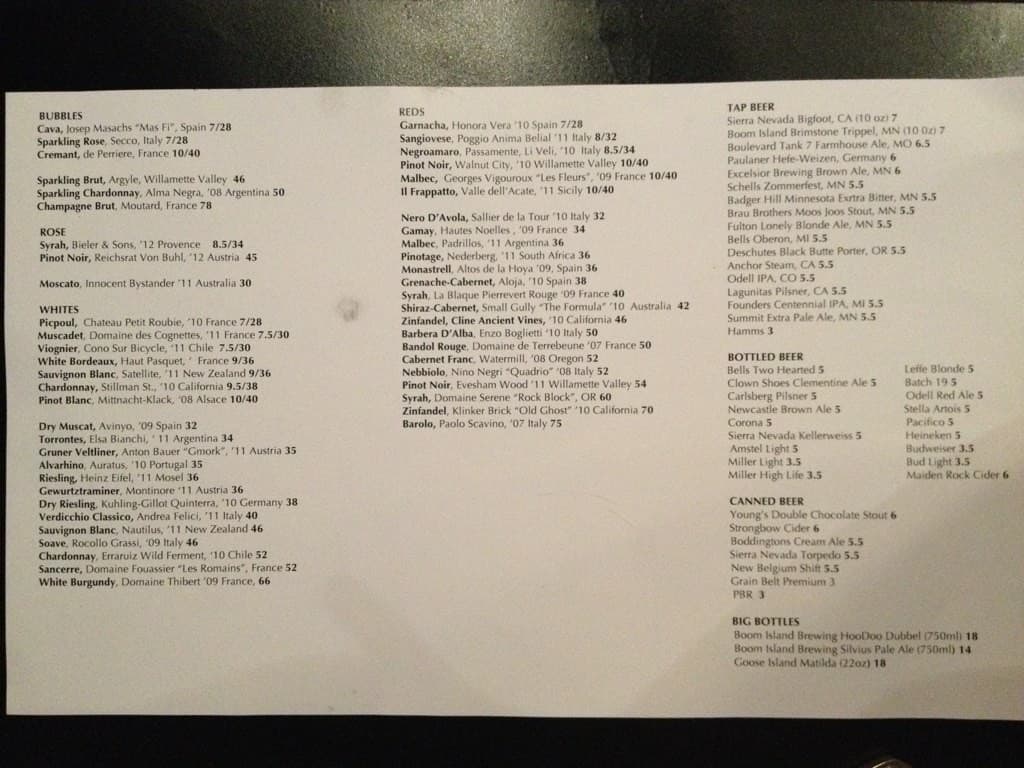 Menu at Nightingale restaurant, Minneapolis