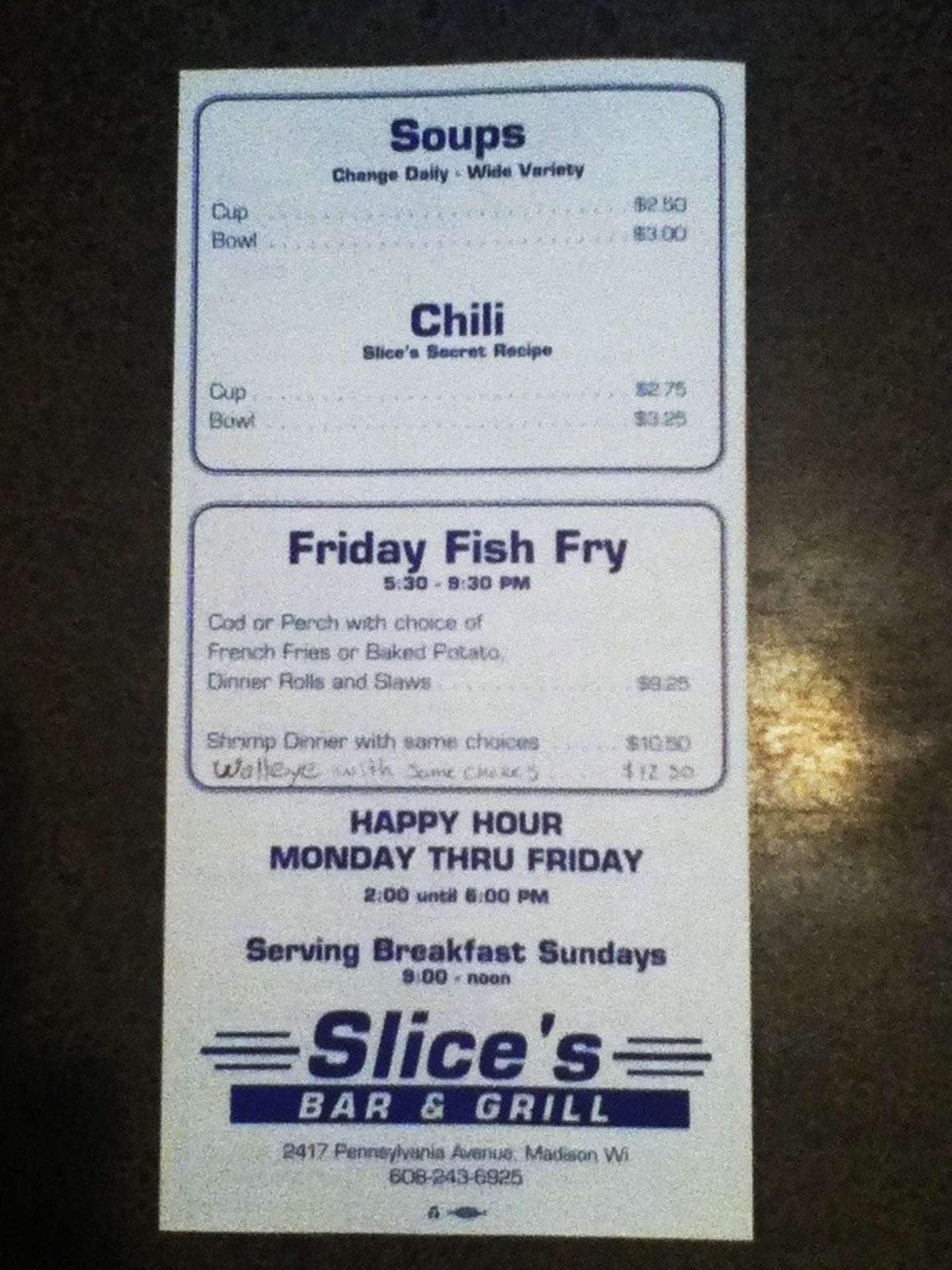 Menu at Slices Bar & Grill, Madison