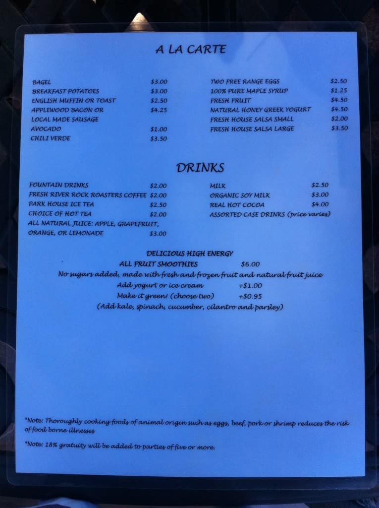 Menu at Park House Cafe, Springdale