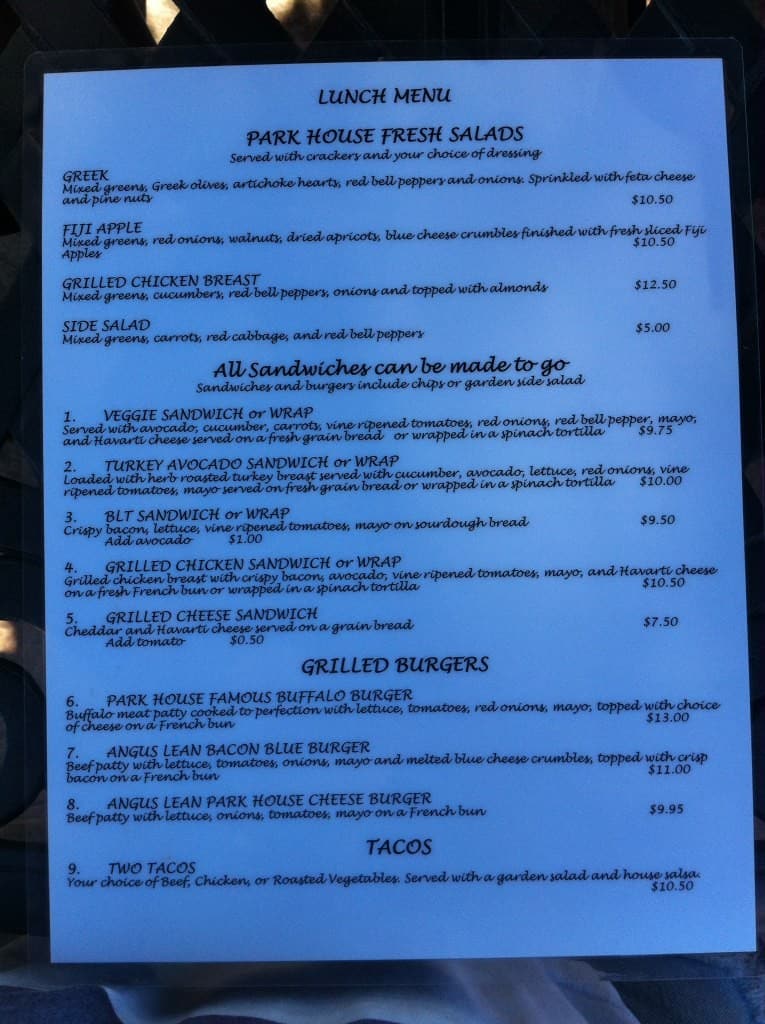 Menu at Park House Cafe, Springdale