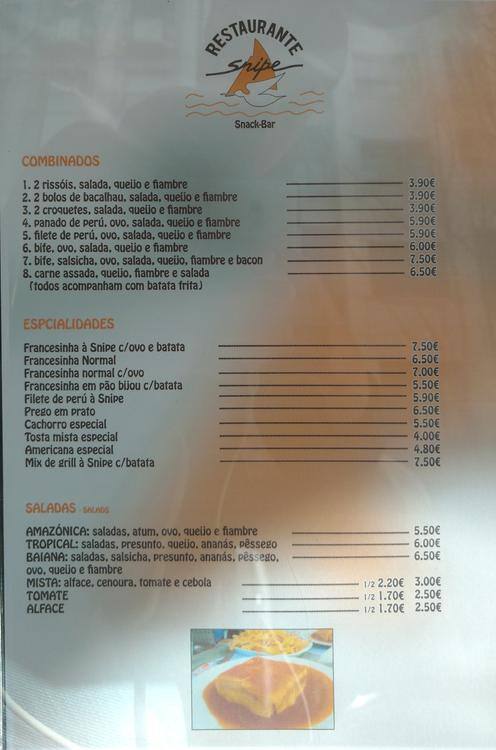 Menu at Snipe restaurant, Porto