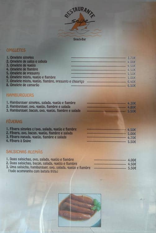 Menu at Snipe restaurant, Porto