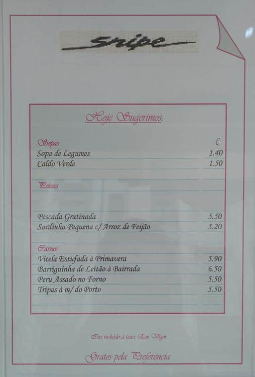 Menu at Snipe restaurant, Porto